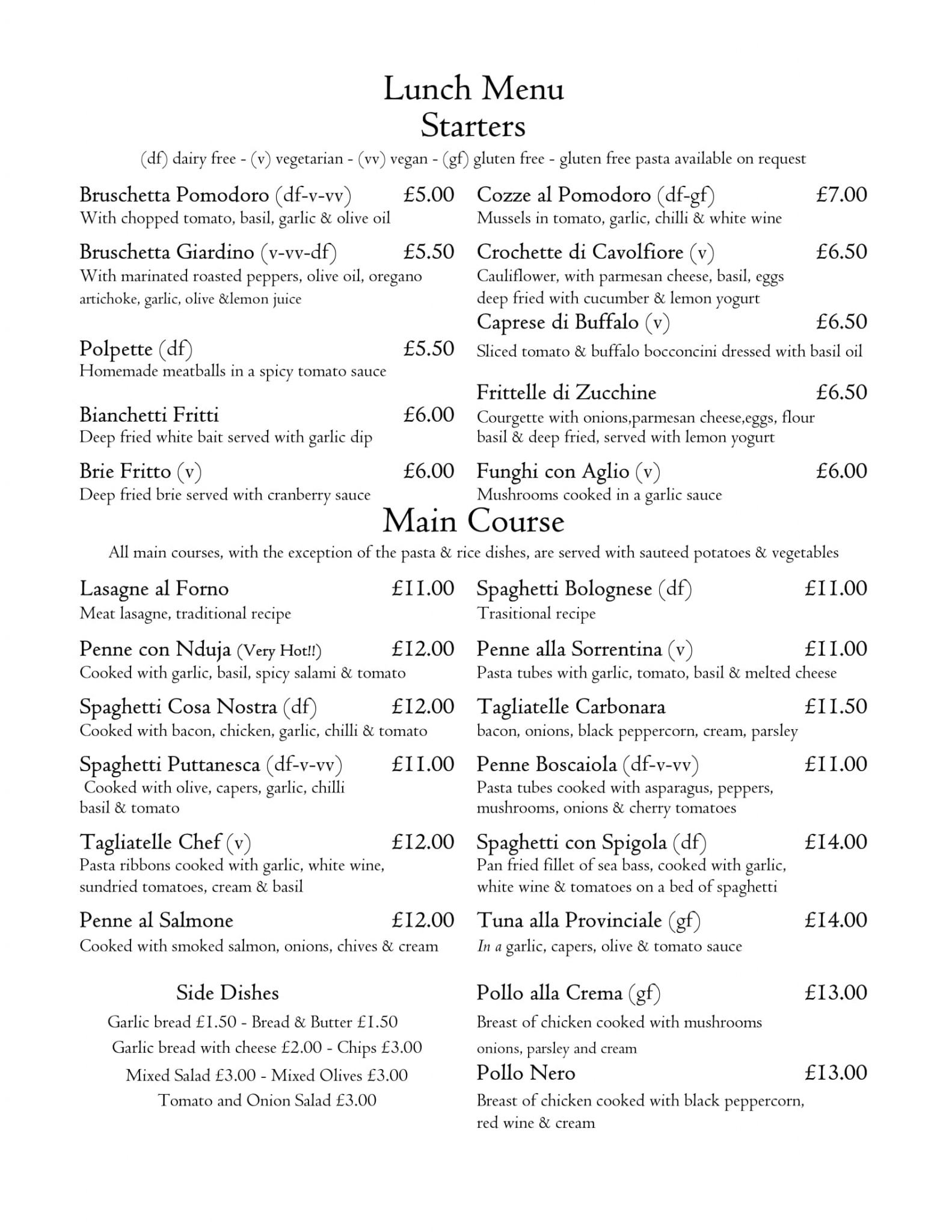 Romeo's Lunch Menu - Romeos by the Sea