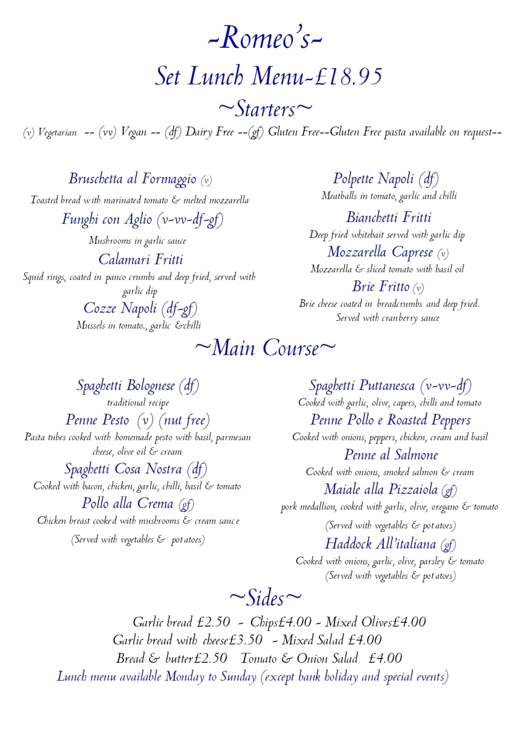 Romeo's Lunch Menu - Romeos by the Sea